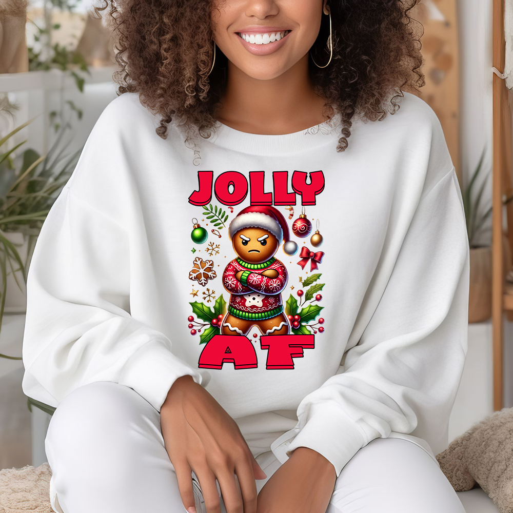 'Jolly AF' Festive Gingerbread Man Design with Vibrant Holiday Elements ...