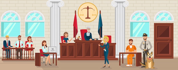 Courtroom Scene with Judge, Lawyers, and Defendants Illustration ...