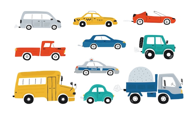 Colorful Cartoon Vehicles: Cars, Trucks, and Buses in a Playful ...