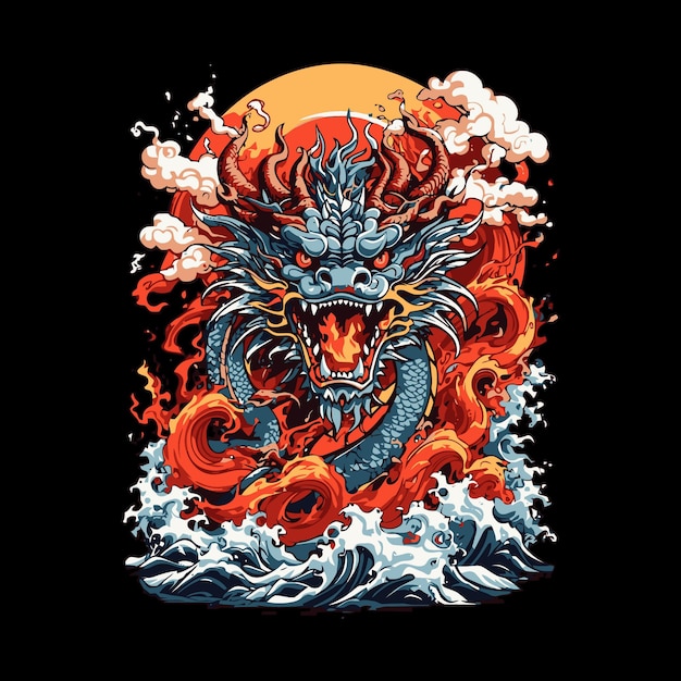 Ferocious Dragon Emerging from Fiery Waves and Clouds | Jiffy Designs
