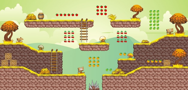 Vibrant Platformer Game Landscape with Varied Collectibles | Jiffy Designs