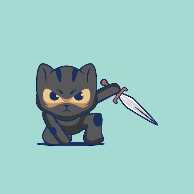Fearless Feline Warrior: A Cute Cartoon Cat with Sword | Jiffy Designs