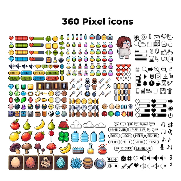 Vibrant Collection of 360 Diverse Pixel Art Icons | Jiffy Designs