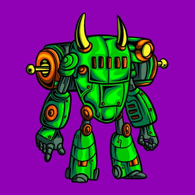 Vibrant Mechanical Mech Warrior in Neon Green and Orange | Jiffy Designs