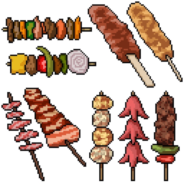 Vibrant Pixel Art Collection of Grilled and Skewered Foods | Jiffy Designs