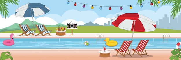 Vibrant Summer Pool Party Scene with Umbrellas and Lounge Chairs ...