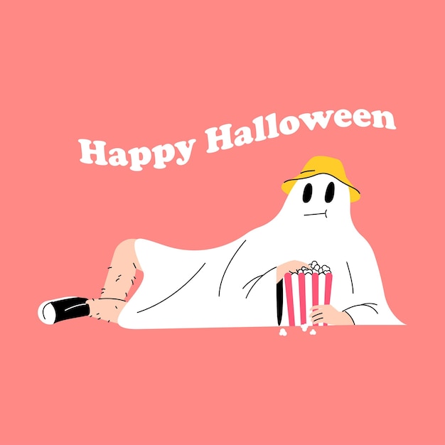 Friendly Ghost Enjoying Popcorn on Vibrant Halloween | Jiffy Designs