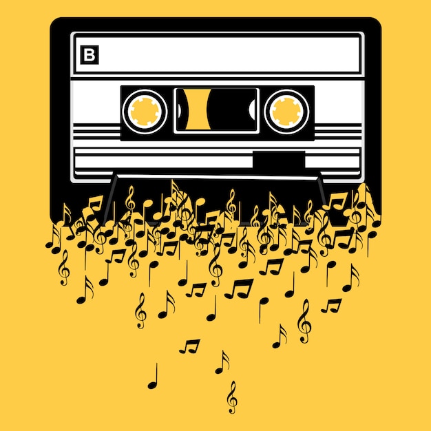 Retro Cassette Tape Spilling Musical Notes on Yellow | Jiffy Designs