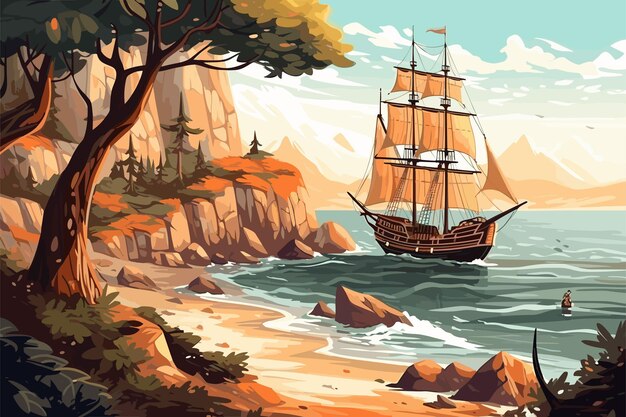 Majestic Tall Ship Sailing Along Rugged Coastal Cliffs | Jiffy Designs