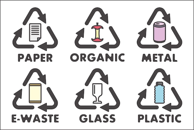 Diverse Recycling Icons Depicting Paper, Organic, Metal, E-Waste, Glass ...