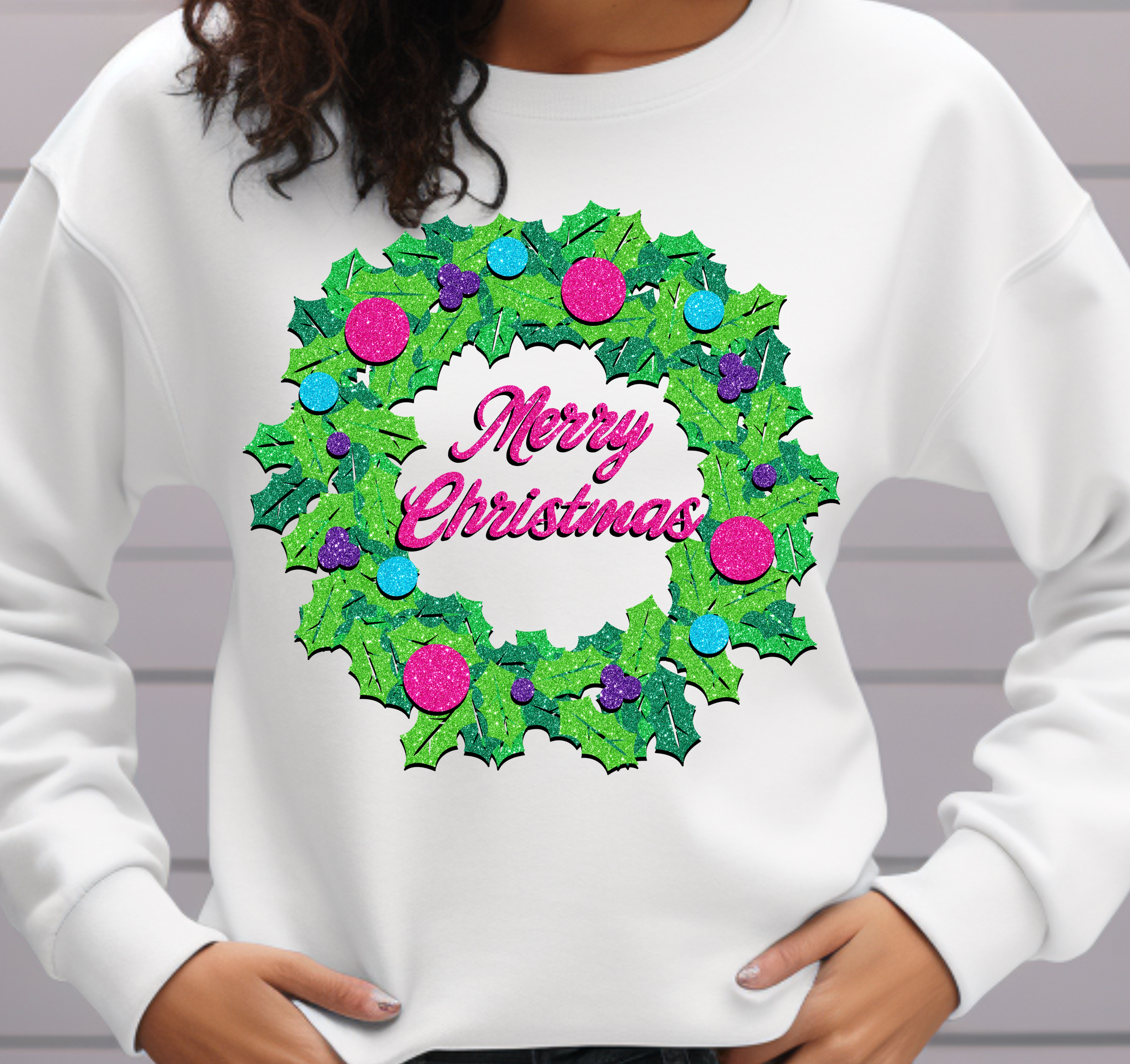 Merry Christmas Bright Colored Whimsical Glitter Holiday Wreath W ...