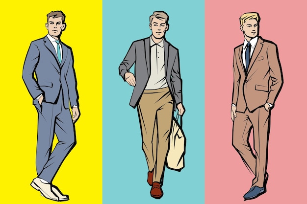 Stylish Gentlemen in Retro Suits Across Vibrant Backgrounds | Jiffy Designs