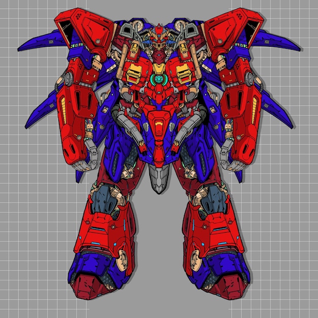 Vibrant Mecha Warrior in Striking Red and Purple Hues | Jiffy Designs