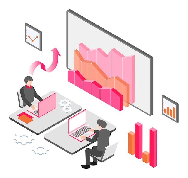 Vibrant Isometric Data Visualization with Analysts Examining Graphs ...
