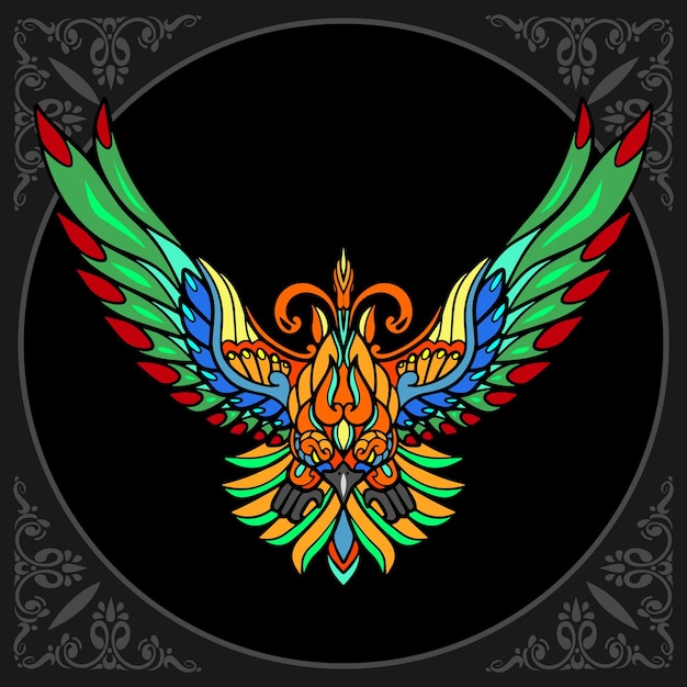 Vibrant Mythical Bird Emblem on Ornate Black Background | Jiffy Designs