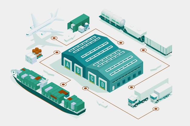 Vibrant Isometric Industrial Warehouse Complex with Logistics Fleet ...