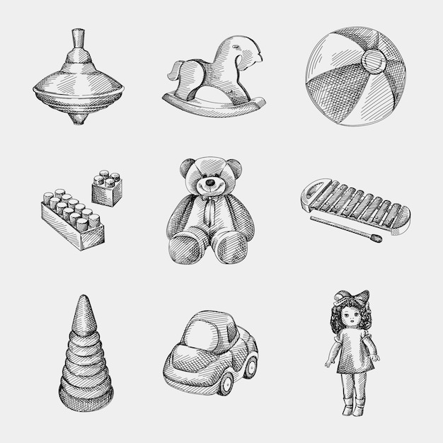 Nostalgic Childhood Playthings in Charcoal Sketch Style | Jiffy Designs