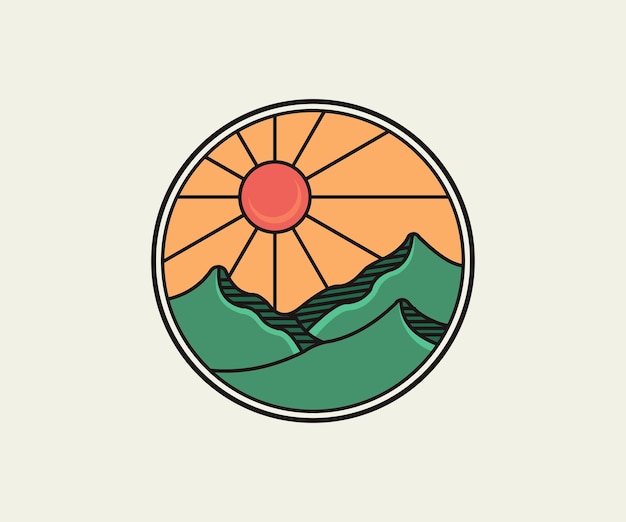 Vibrant Mountain Sunset Emblem with Radiant Sun | Jiffy Designs