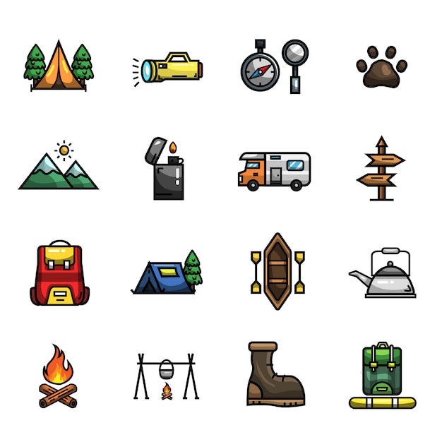 Vibrant Collection of Camping and Outdoor Adventure Icons | Jiffy Designs