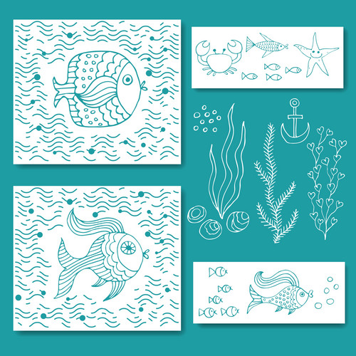 Posters With Marine Fish. Set Of Graphic Elements On The Marine Theme ...