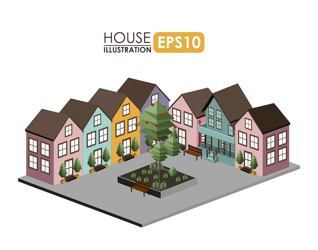 Colorful Isometric Neighborhood with Vibrant Houses and Tree ...