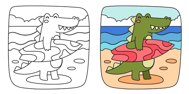 Playful Gator Duo: Coloring Fun and Vibrant Beach Adventure | Jiffy Designs