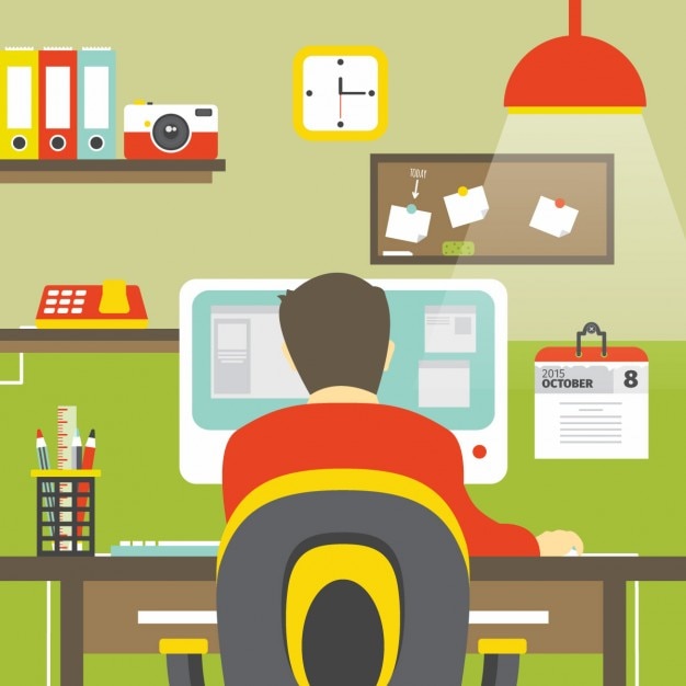 Vibrant Office Workspace with Focused Worker Illustration | Jiffy Designs