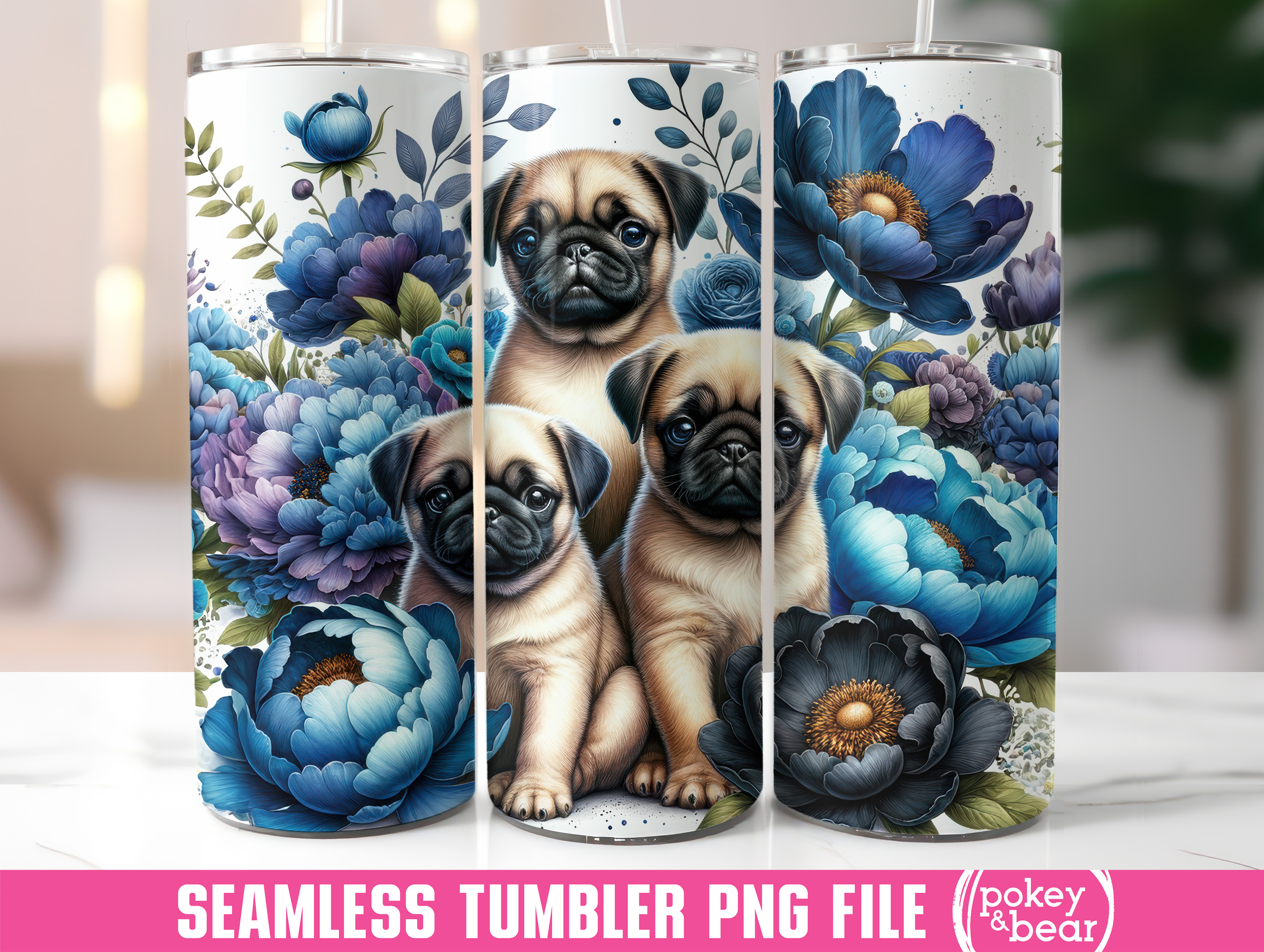 Pug Trio Amidst Vibrant Blue Floral Wonderland | Jiffy Designs