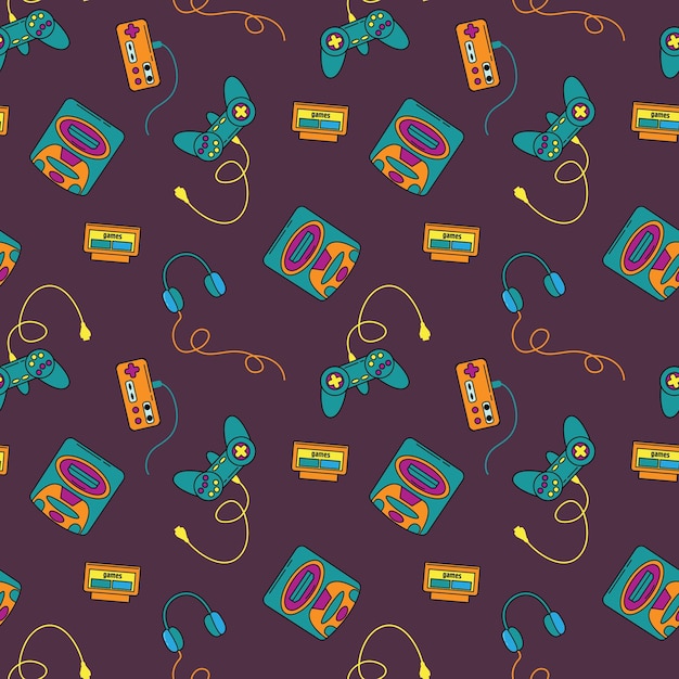 Retro Gaming Accessories Pattern on Purple Background | Jiffy Designs