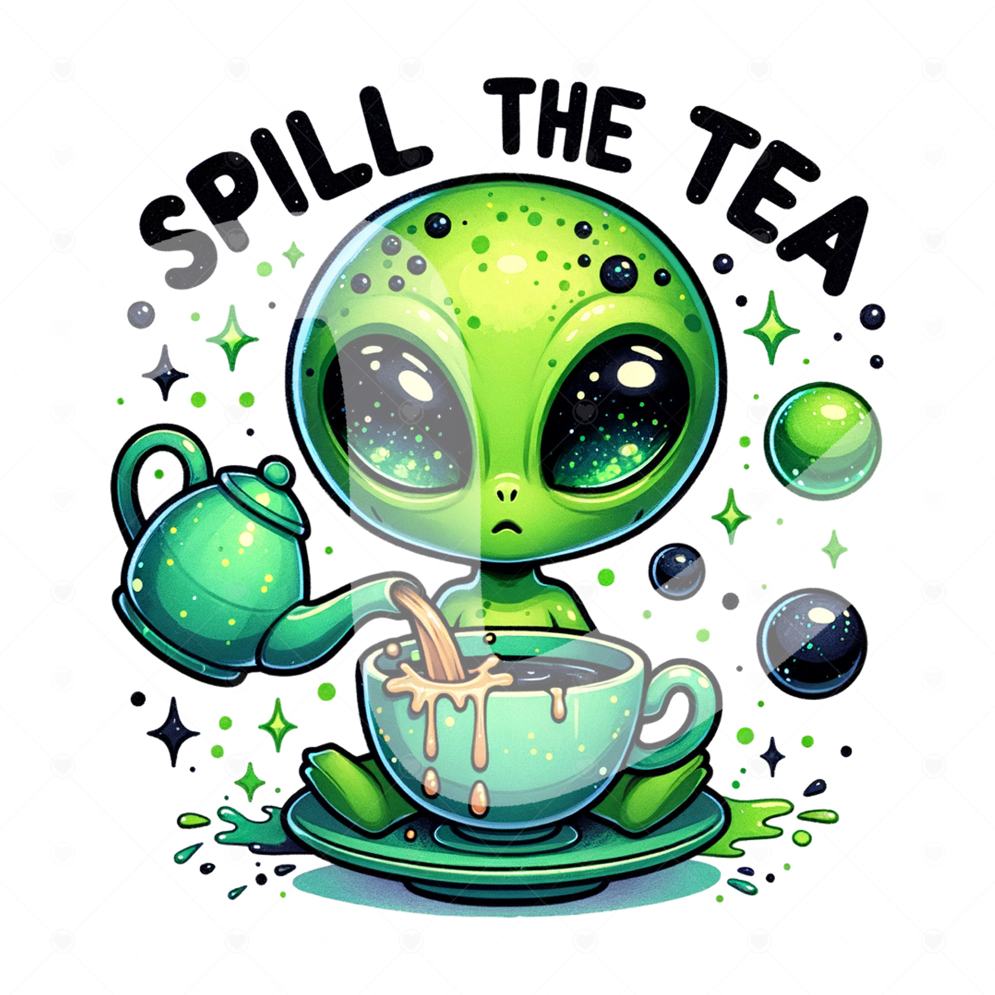 'Spill The Tea' Alien Pouring Cosmic Brew in Whimsical Cartoon Style ...