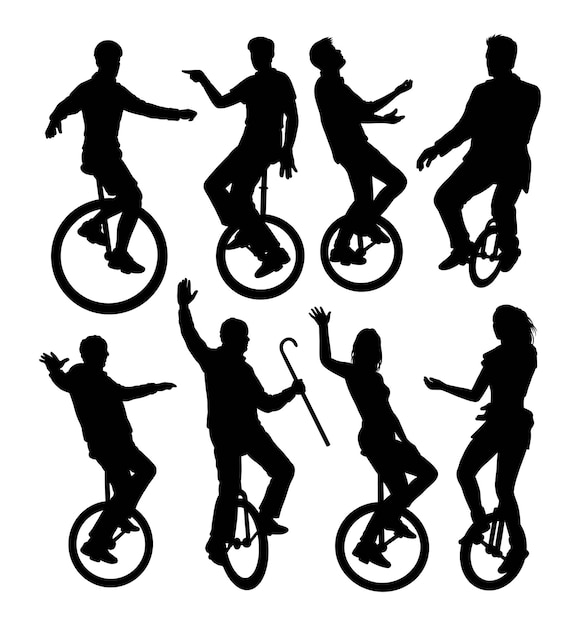 Silhouettes of acrobats balancing on unicycles in dynamic poses | Jiffy ...