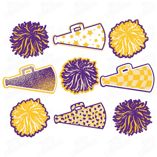 Vibrant Cheerleading Icons in Purple and Gold with Pom-Poms and ...