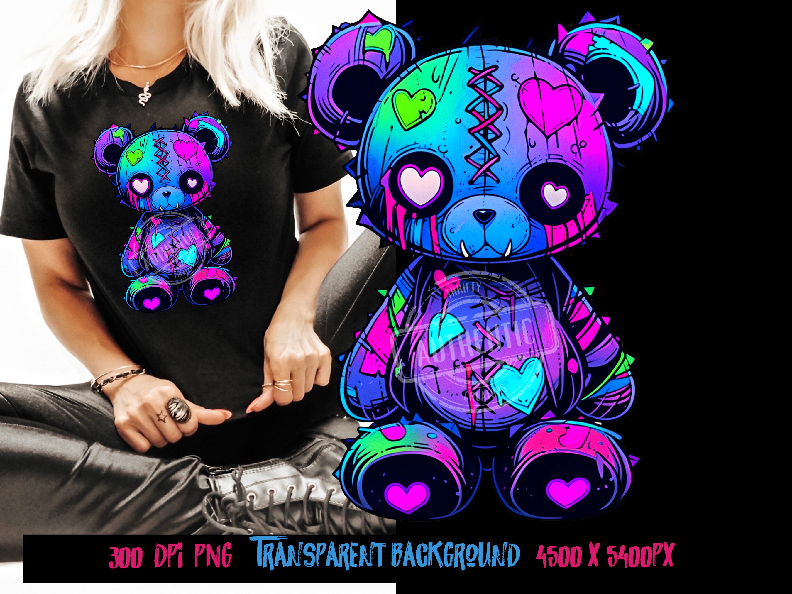 Neon Patchwork Teddy Bear with Vibrant Colors and Stitched Hearts ...