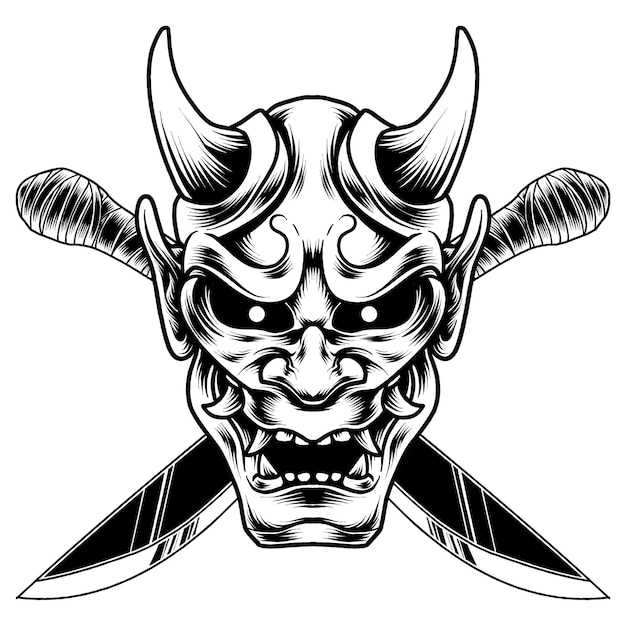 Fearsome Oni Mask with Crossed Daggers in Dramatic Illustration | Jiffy ...