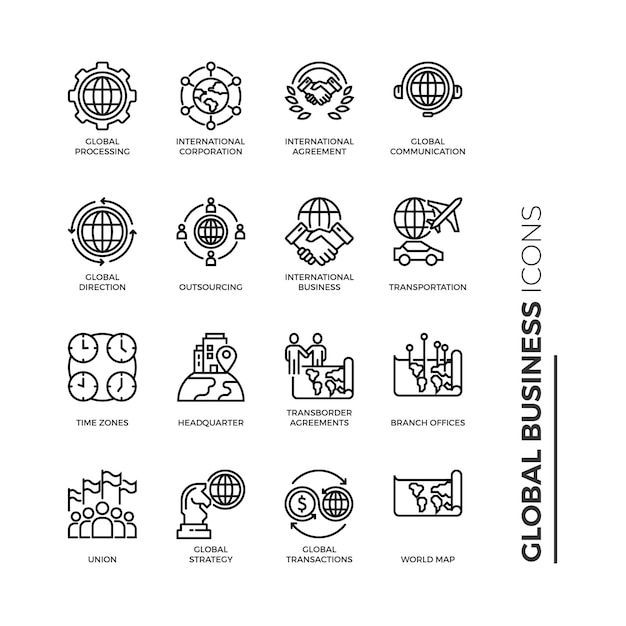Diverse Global Business Icons: Interconnected World, Teamwork, and ...