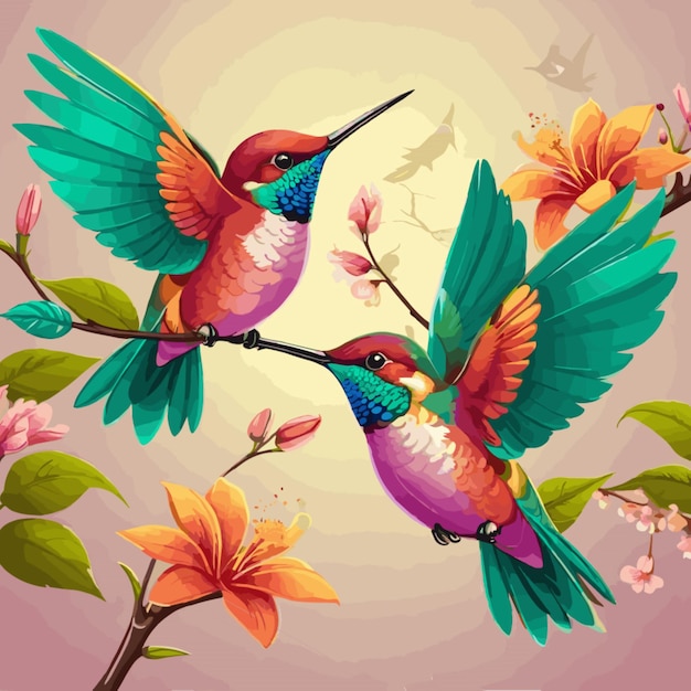 Vibrant Hummingbird Duo Amid Tropical Blooms | Jiffy Designs