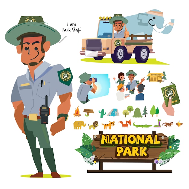 Vibrant National Park Illustration with Friendly Ranger and Wildlife ...