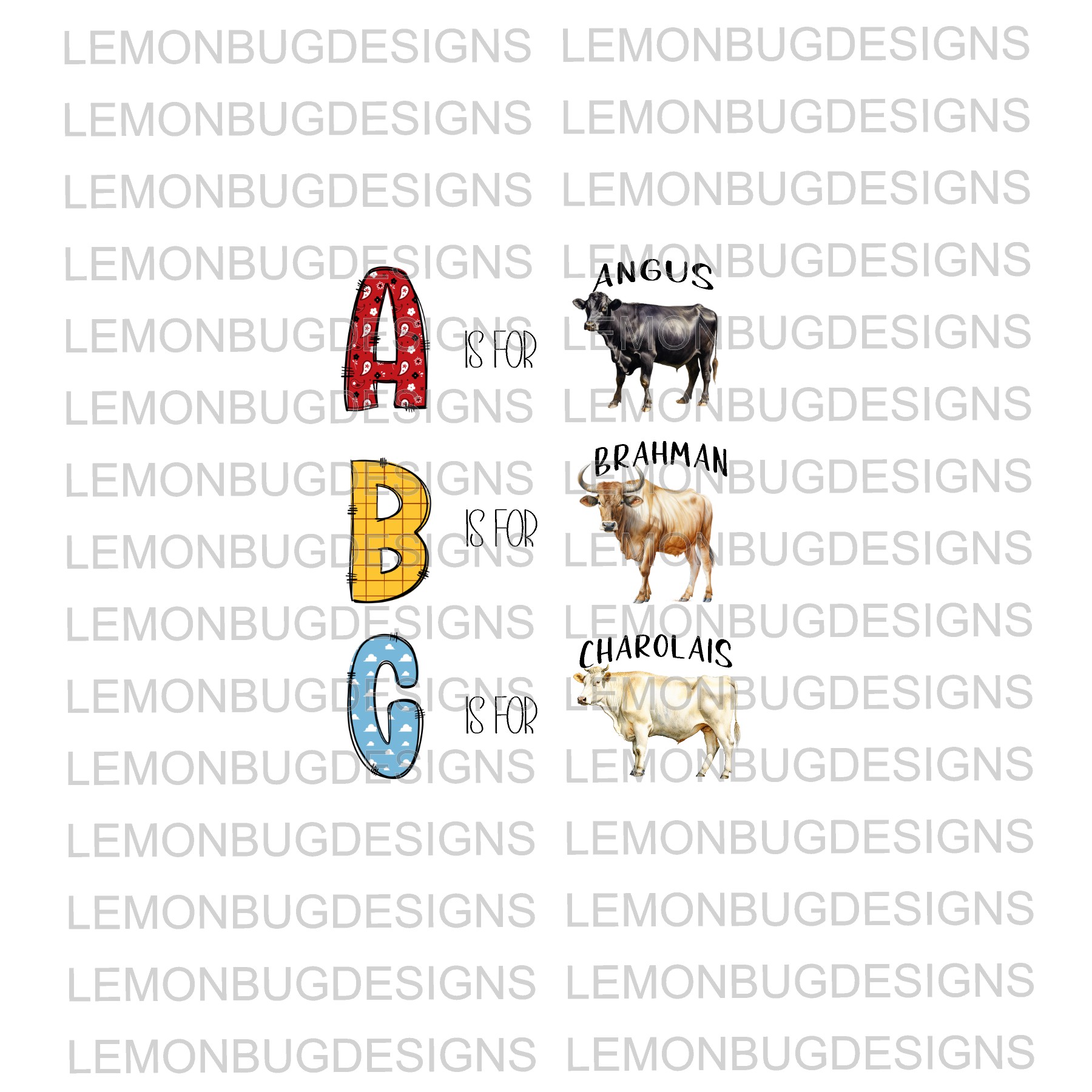 'ABC' Colorful Alphabet Letters with Illustrated Cattle Breeds | Jiffy ...