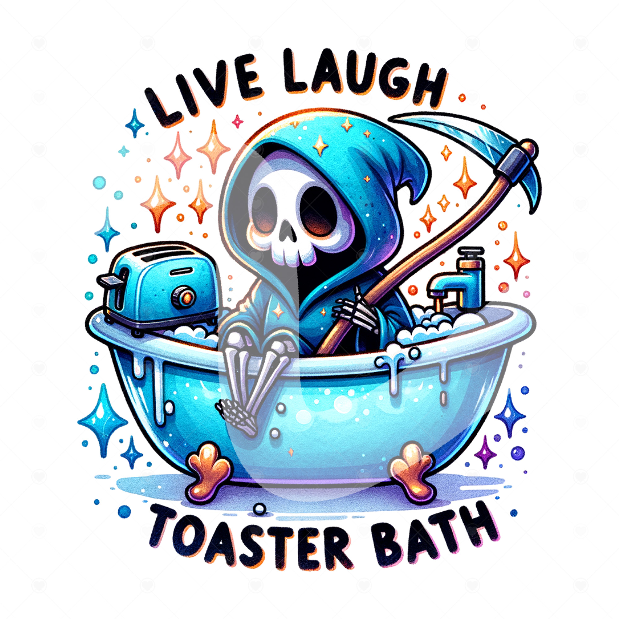 'Live Laugh Toaster Bath' Whimsical Skeleton in Bathtub with Appliances ...