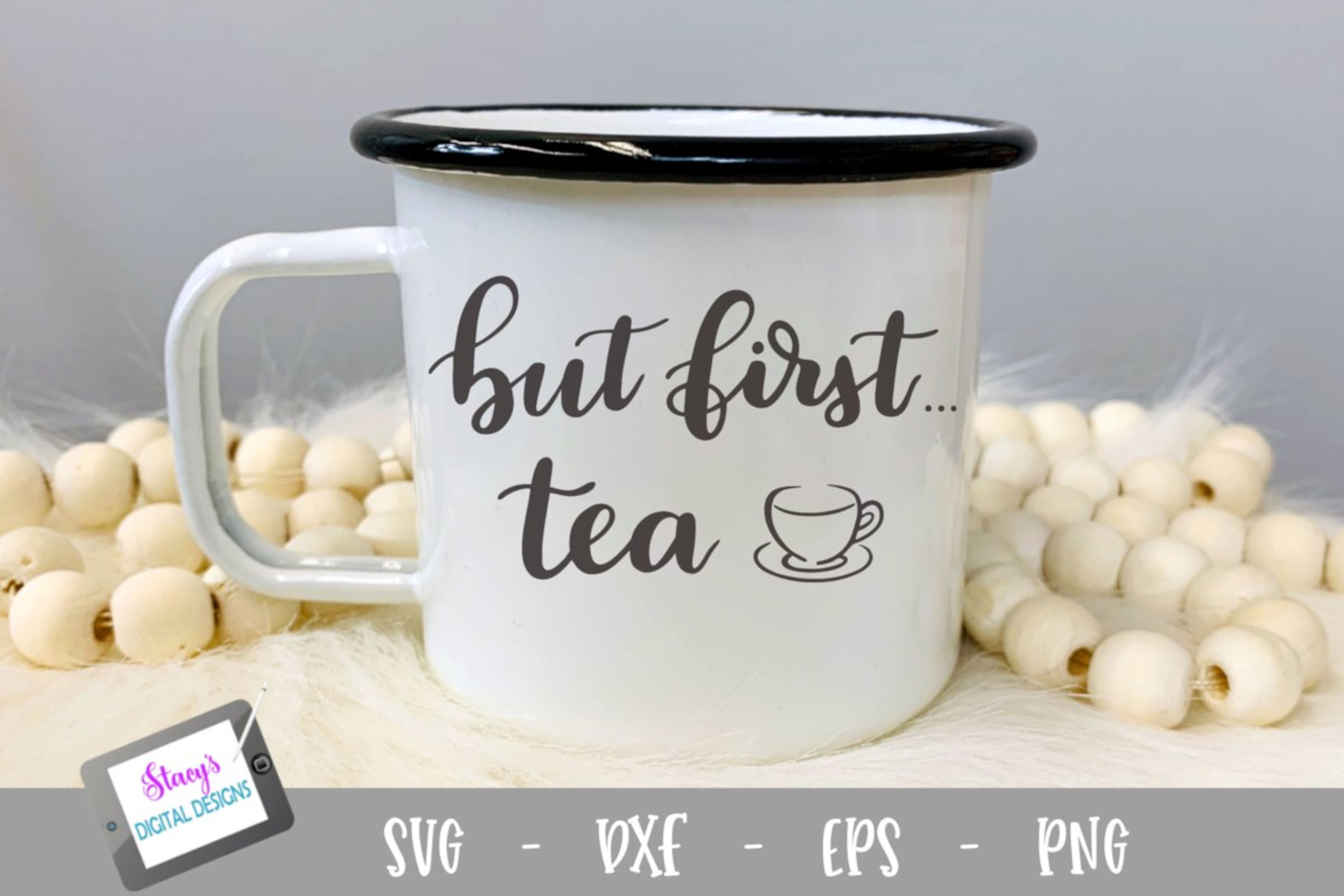 'But First Tea' Elegant Cursive Script with Minimalist Cup Illustration ...