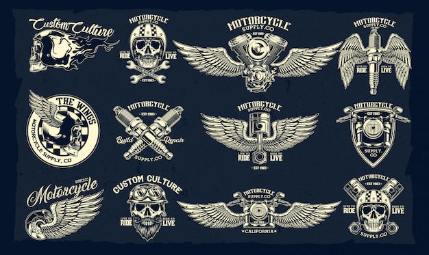 Vintage Motorcycle Emblems with Winged Skulls and Crossed Pistons ...