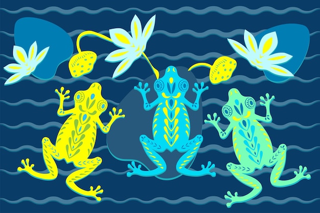 Vibrant Frog Trio Amid Flowing Lily Pads and Waves | Jiffy Designs