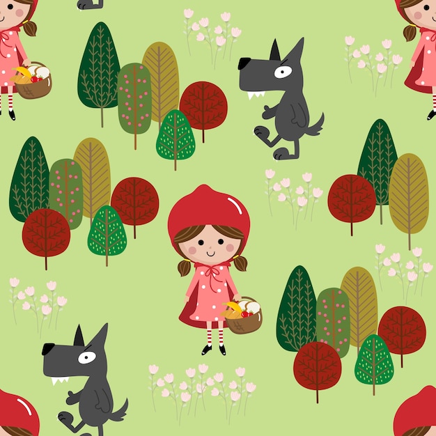Little Red Riding Hood Pattern with Trees and Animals | Jiffy Designs