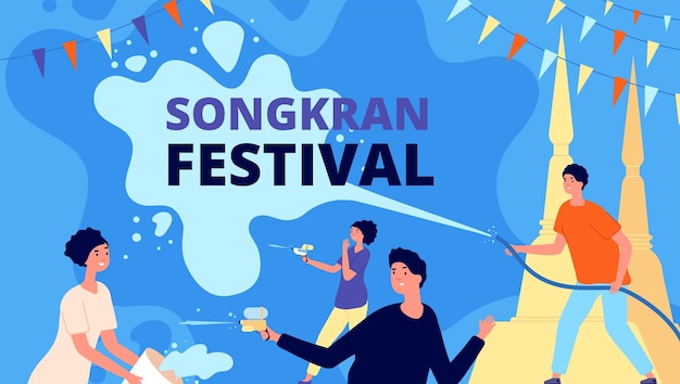 Vibrant Songkran Festival Celebration with Joyful People Illustration ...