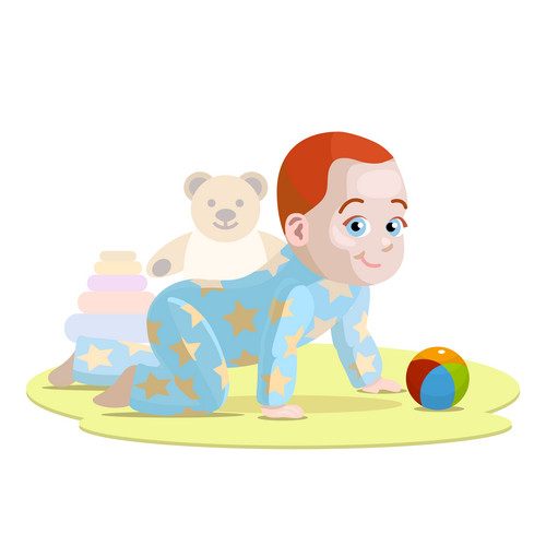 Crawling Baby With Toys. Child In Cartoon Style For Fliers Posters ...