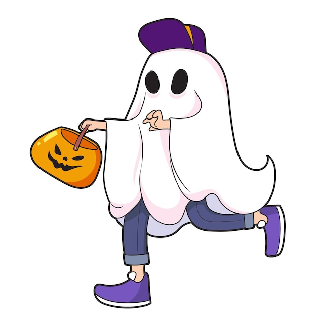 Cute Ghostly Trick-or-Treater Carrying Pumpkin Basket | Jiffy Designs