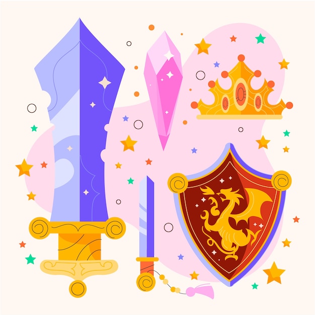 Enchanting Fantasy Symbols: Swords, Crown, and Shield | Jiffy Designs