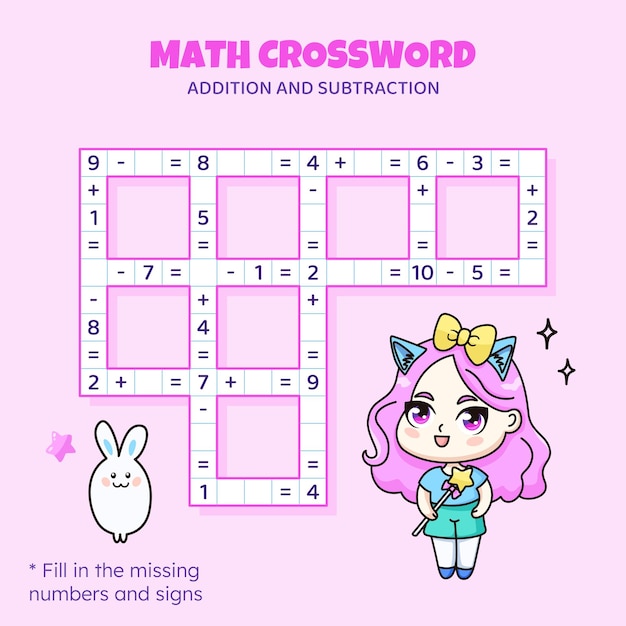 Adorable Anime Math Crossword Puzzle with Cute Character | Jiffy Designs