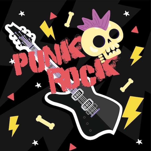 Vibrant Punk Rock Skull with Electric Guitar and Lightning | Jiffy Designs