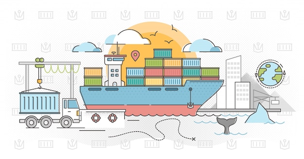 Vibrant Seaport Skyline with Cargo Ship and Logistics | Jiffy Designs
